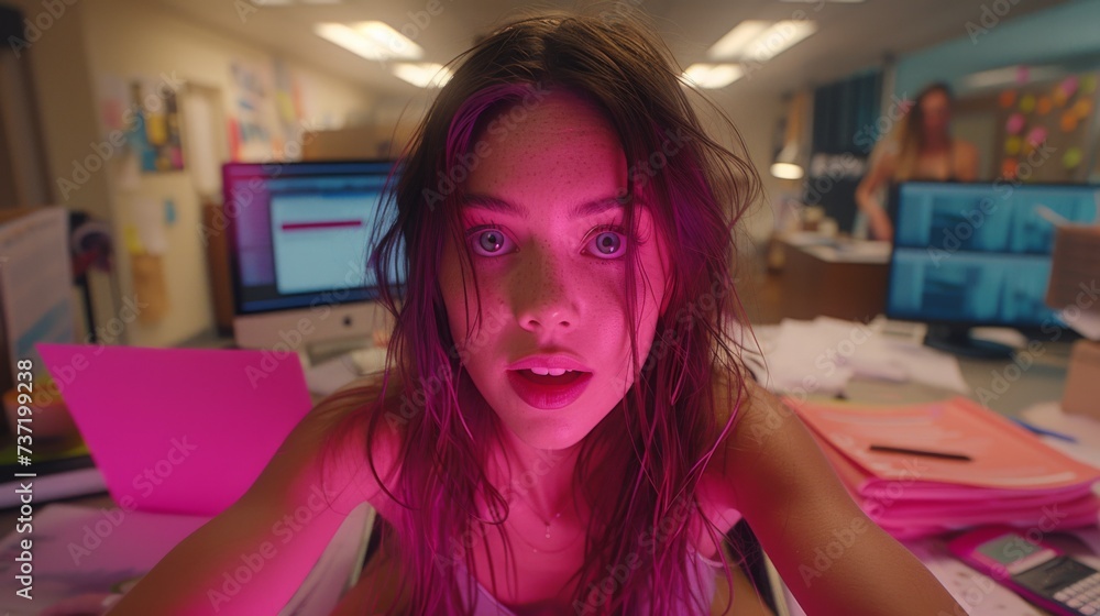 Shocked Young Woman Working Late Night in a Chaotic Office Environment ...