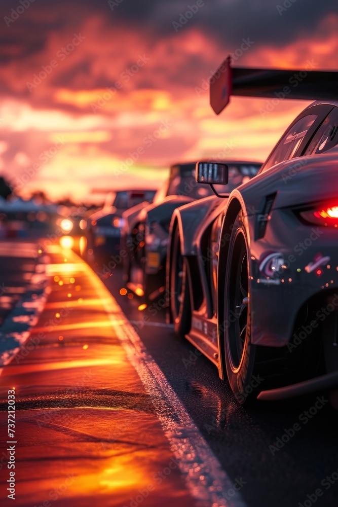 A dramatic racing scene unfolds under a twilight sky, where cars ...