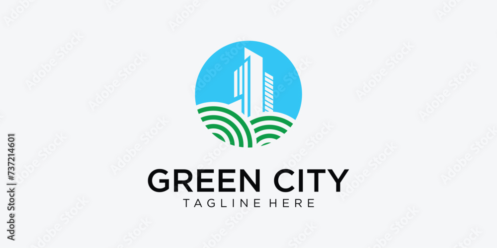 Creative green building logo design with modern style| green city logo| premium vector Stock ...