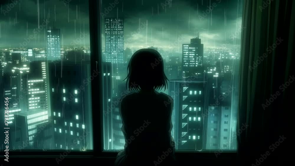 Sad Lofi Anime Girl Gazing at Rainy Cityscape Through Window with ...