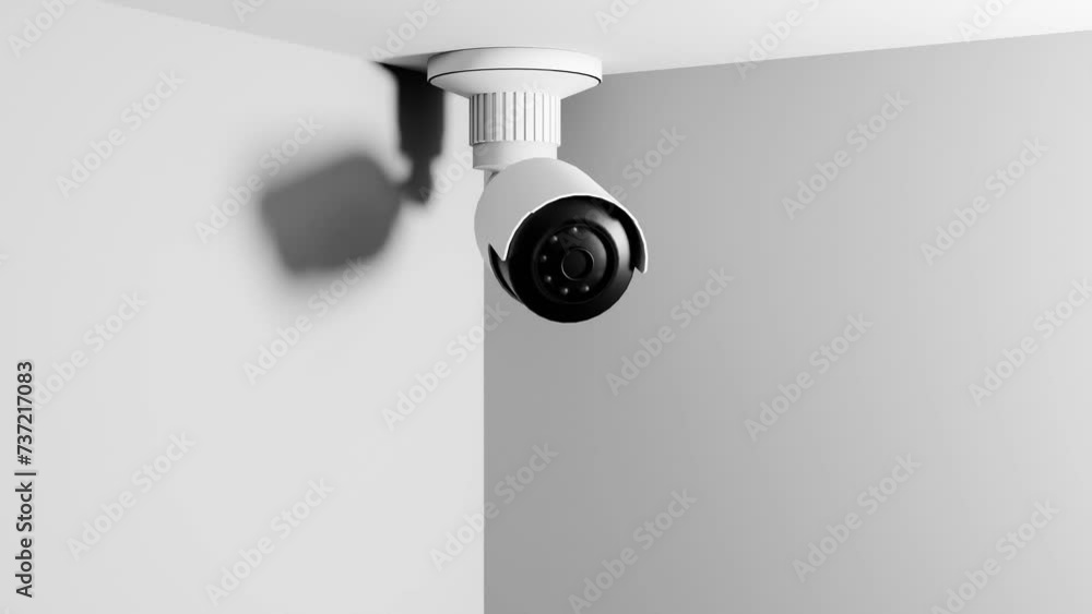 CCTV camera installed on wall in white room office. Scan the area for ...