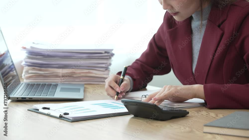 young Asian businesswoman in formal suit conducting annual audit ...