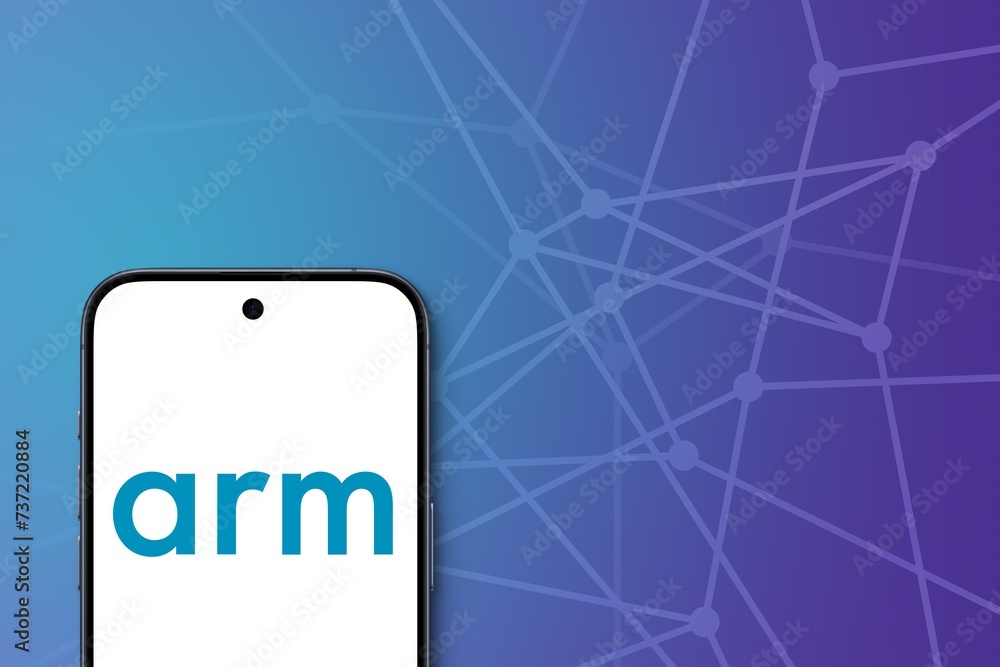 arm Holdings Logo shown on a modern smartphone, blue purple gradient ...