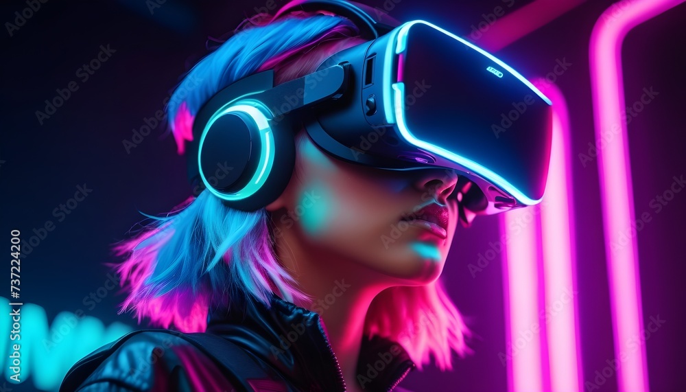 Young girl model with short white hairs wearing a led lights VR visor ...