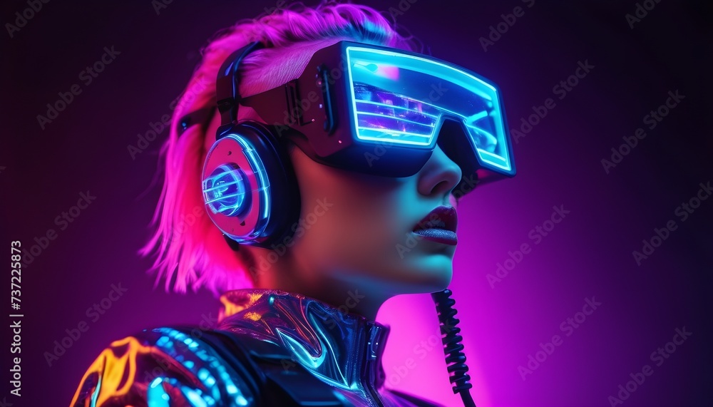 Young model girl with side shaved short pink hairs wearing a VR gaming ...