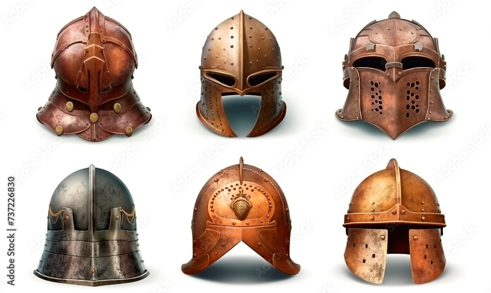 Battle medieval and ancient helmets. History armored 3d headdress with ...