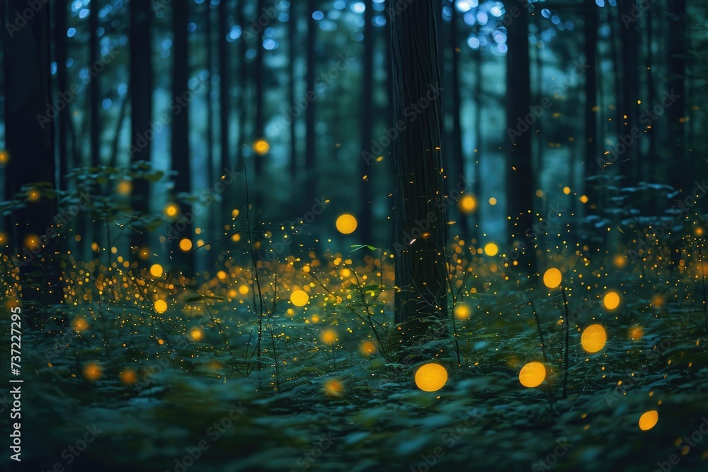 A vibrant forest illuminated by countless yellow fireflies creating a ...