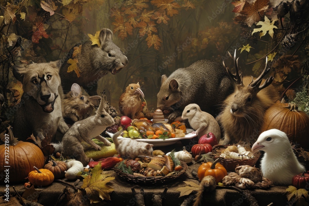 Group of Animals Gathered Around a Table Full of Food, A whimsical ...