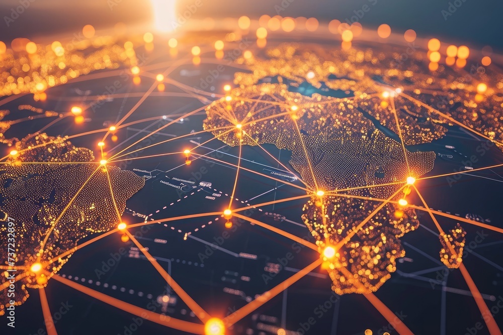 Glowing Lights Illuminate Map of the World, A world map showing thousands of connected nodes ...