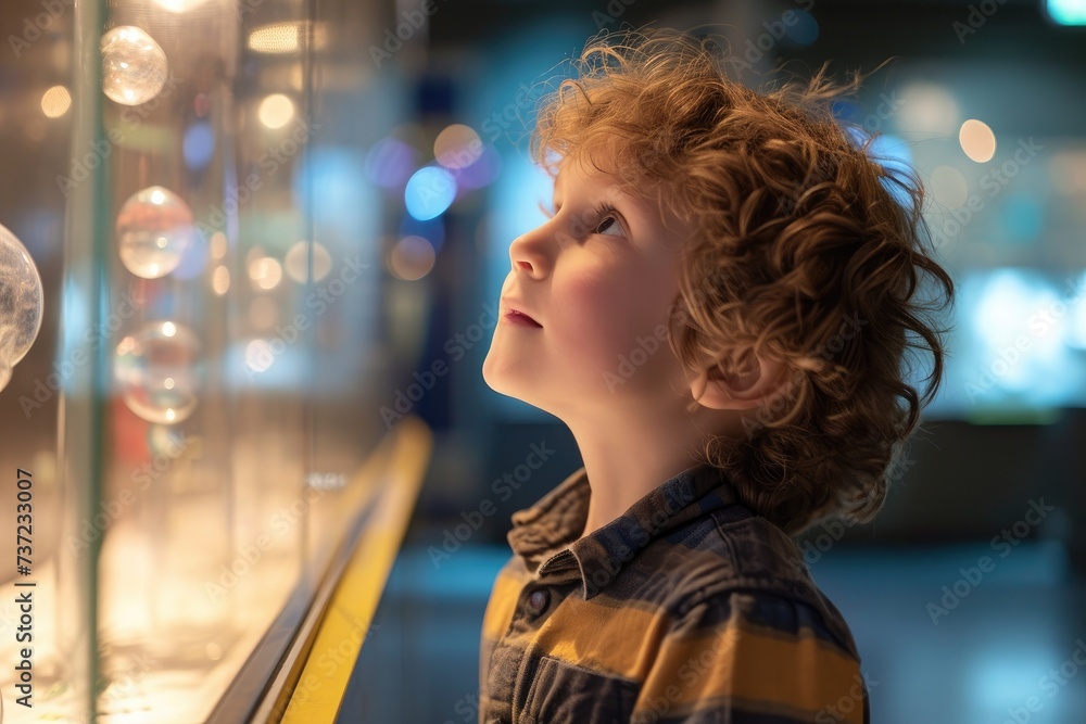 A photo capturing a young boy engrossed as he gazes at bubbles floating ...