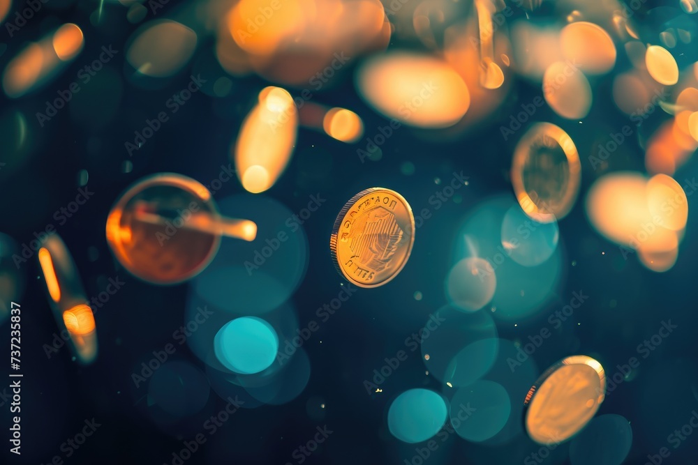Multiple coins are suspended in mid-air, creating a mesmerizing sight ...