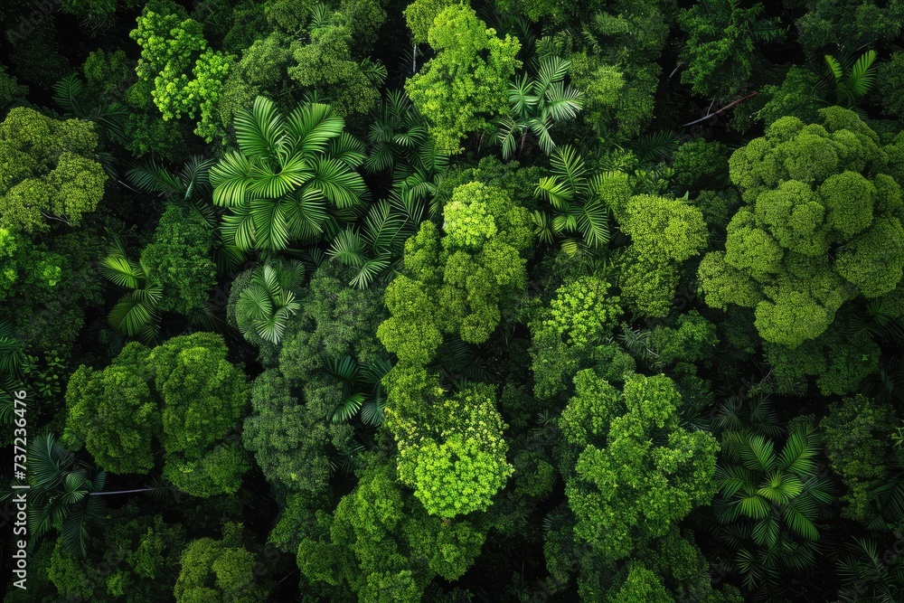 A photo showing a panoramic view from above of a dense and verdant ...
