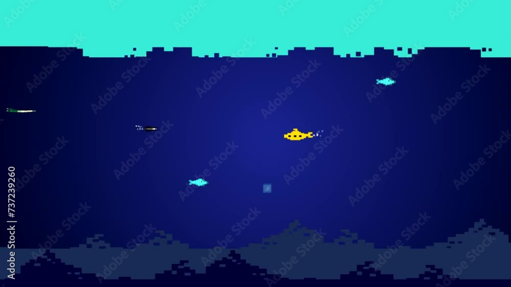 Old game animation in 8-bit style of a submarine shooting missiles and ...