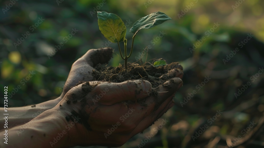 Hands Gently Holding a Sapling with Soil Clinging to the Roots ready be ...