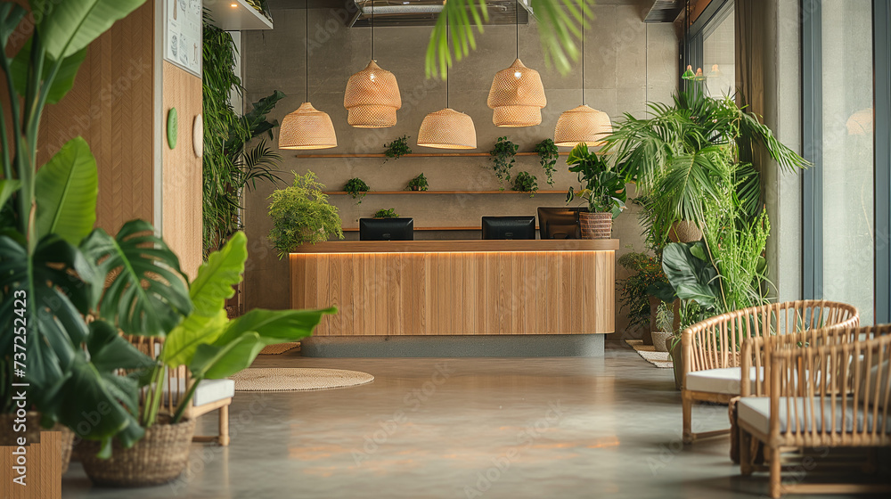 Sustainable hotel reception with eco-friendly design, natural wood ...