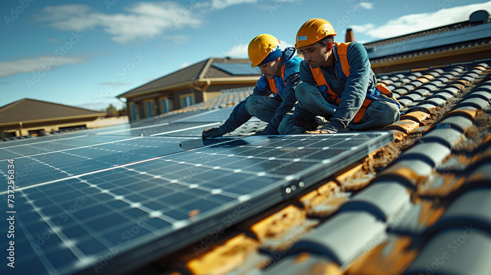 Technicians Maintaining Solar Panels on Skyscraper. Maintenance crew in ...