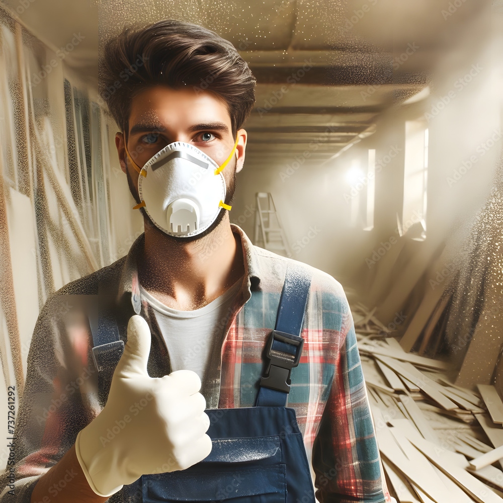 Professional construction worker wearing a high-grade dust mask ...