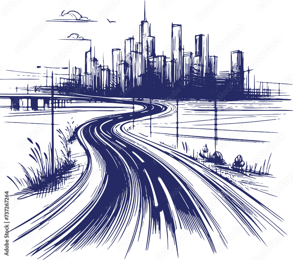 asphalt road going to the city on the horizon abstract sketch vector ...