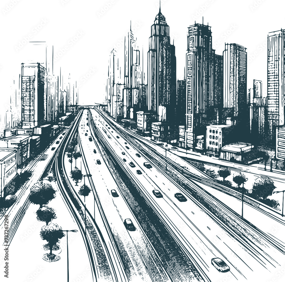 sketch vector drawing of a modern city with high rise buildings along ...