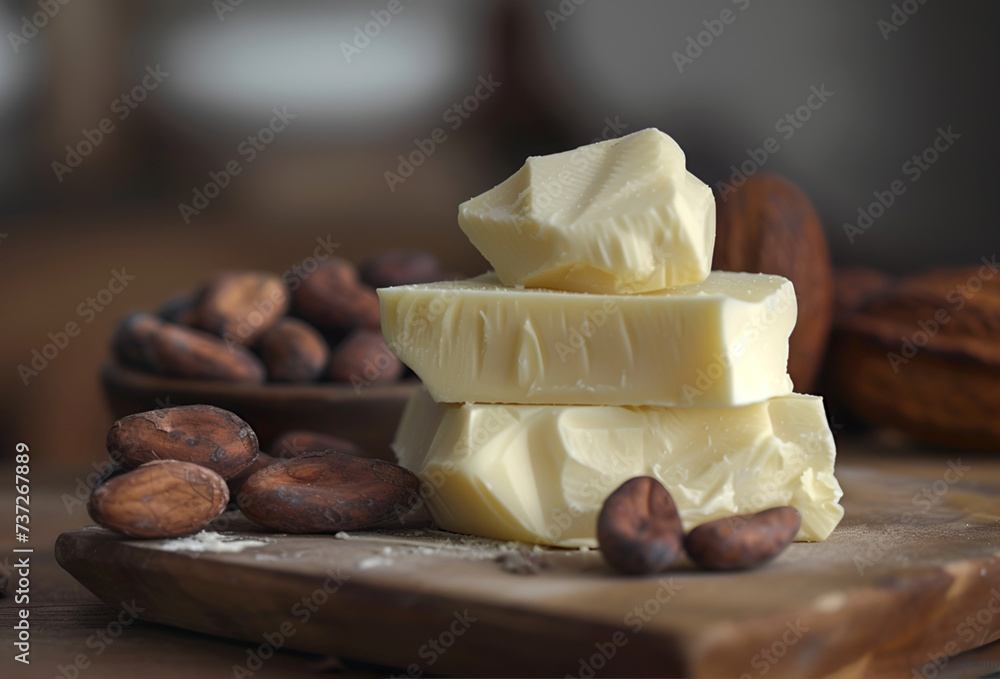 Stacked cocoa butter slabs with cocoa beans on wooden board. Natural ...