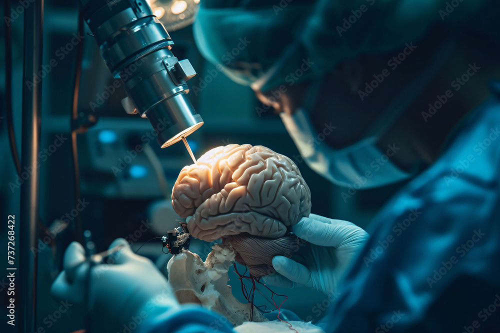This is medical photograph of neurosurgeon performing open brain ...