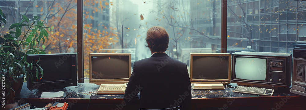 1980s styled office interior. Vintage computers and desks, lots of ...