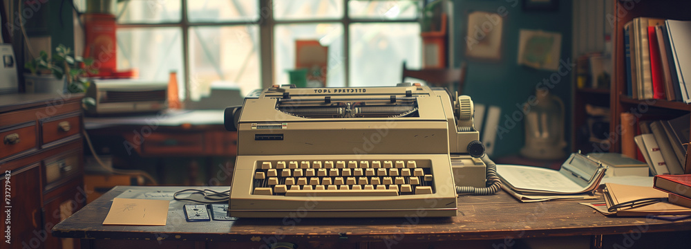teletype device on a desk, in an old office room from the 1980s Stock ...