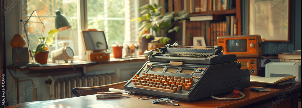 teletype device on a desk, in an old office room from the 1980s Stock ...