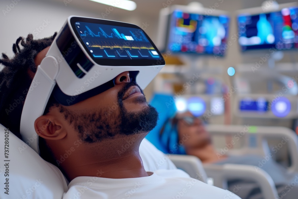 Man with VR headset lies in hospital bed, immersive tech for patient ...