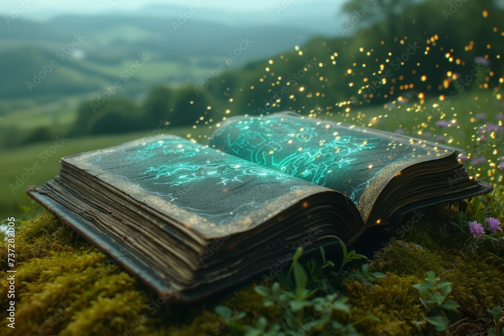 ภาพประกอบสต็อก An open book of magic spells with green glowing symbols ...