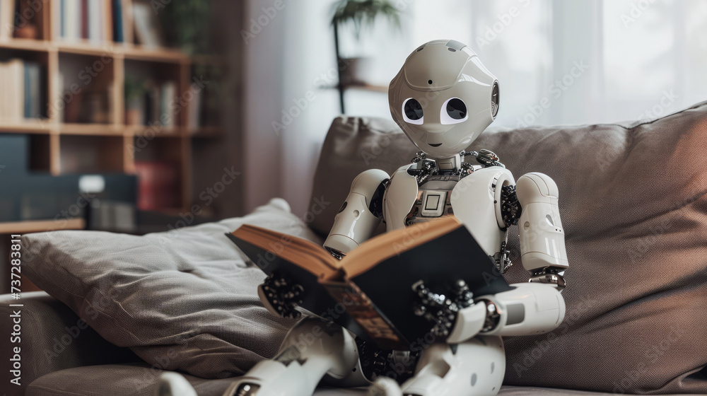 Kid Robot sitting comfortably on sofa reading a book, concept of ...