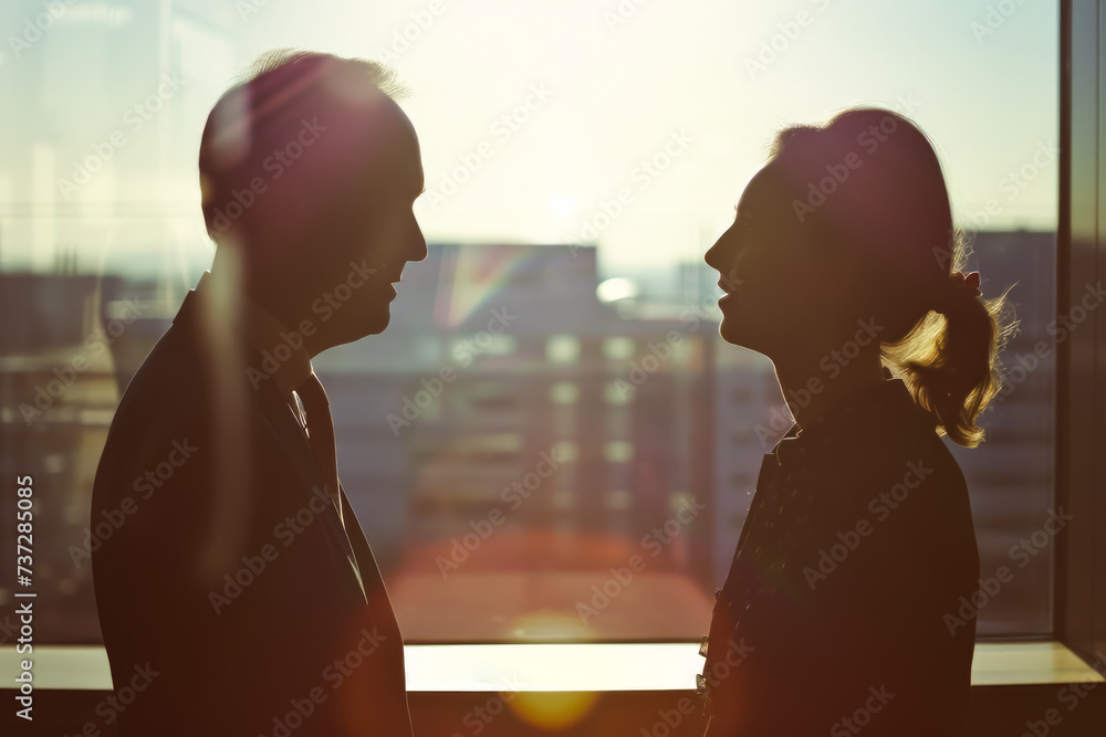 Silhouette of a man and woman talking in front of each other next to a ...
