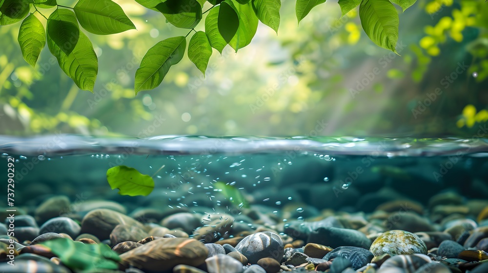 underwater of river natural landscape with stone pebble and water tree ...