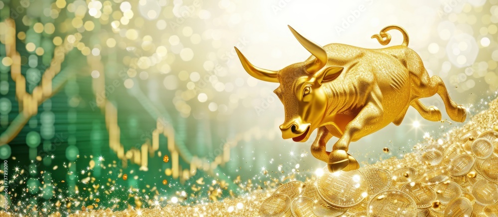 Golden Bull Jumping on Glittering Gold Coin Jewelry, Set Against a ...