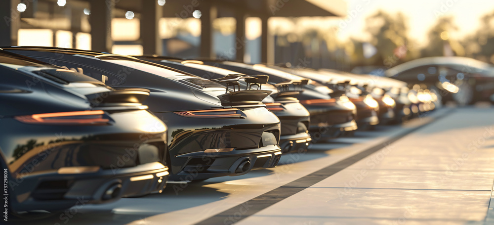 Sunset at the Performance Car Dealership: Rear View of Sports Cars ...