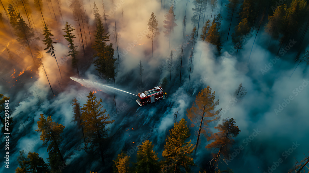 Firefighters control a forest fire spreading in a dense forest with ...