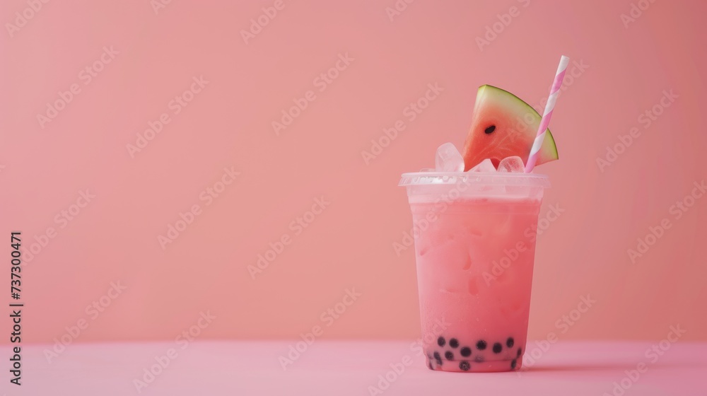Watermelon boba drink or fruits bubble tea in disposable plastic take ...