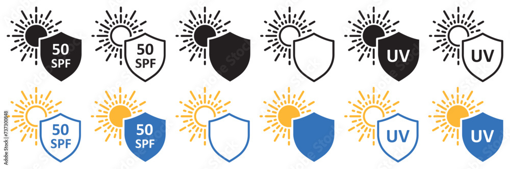 Set of sun protection shield icons. Protection from sun radiation and ...