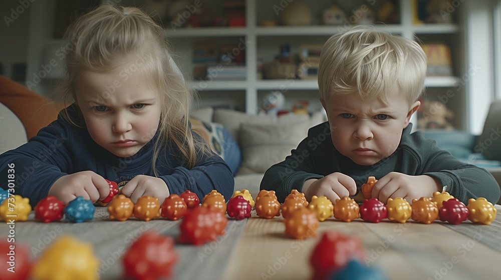 A realistic photograph capturing the focused expressions of two young ...