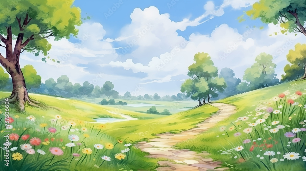 Hand drawn cartoon spring meadow path scenery watercolor illustration ...