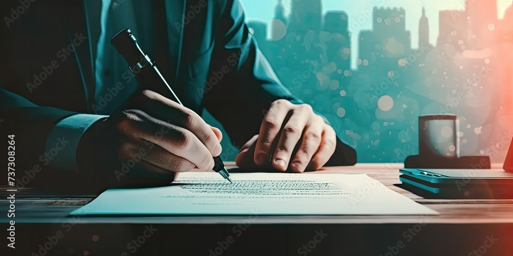 Man signing document with rubber stamp on table, business contract ...