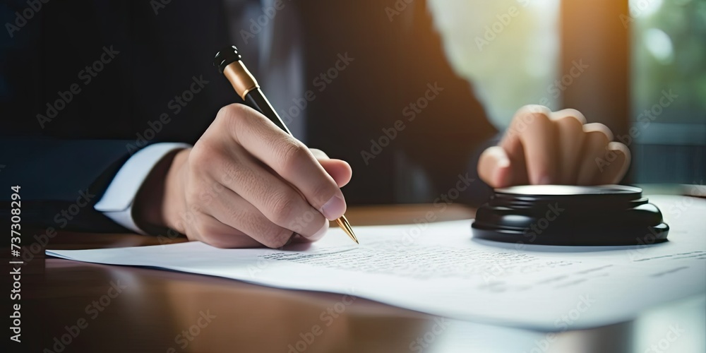 Man signing document with rubber stamp on table, business contract ...