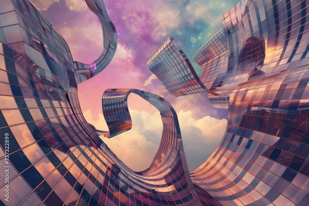 A surreal scene of skyscrapers where buildings bend like ribbons in a ...
