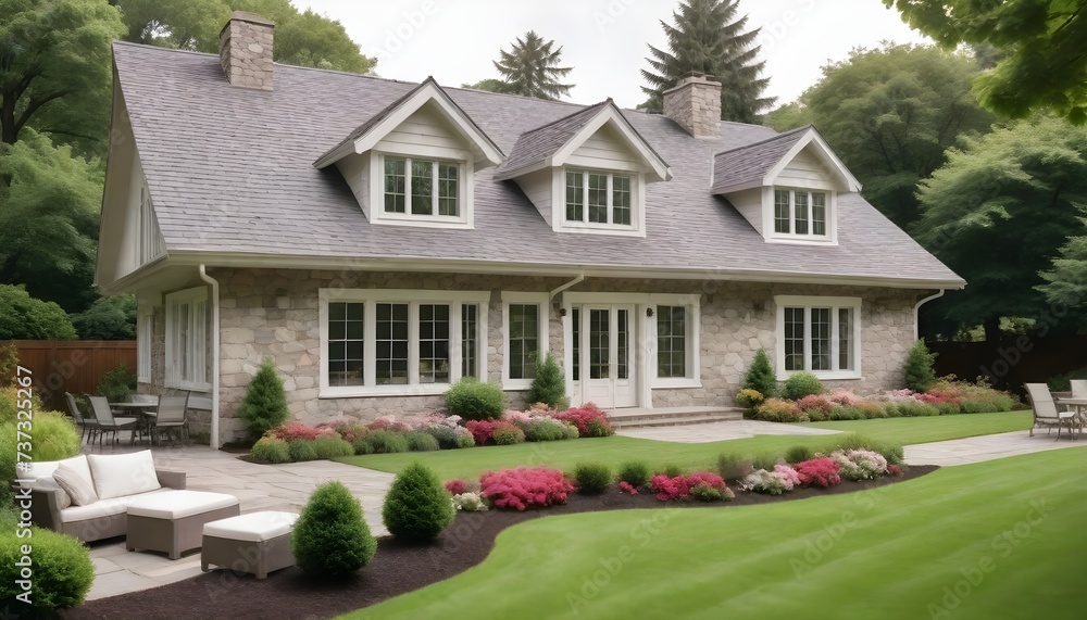 A large modern house with light roofing, several dormer windows, and a ...