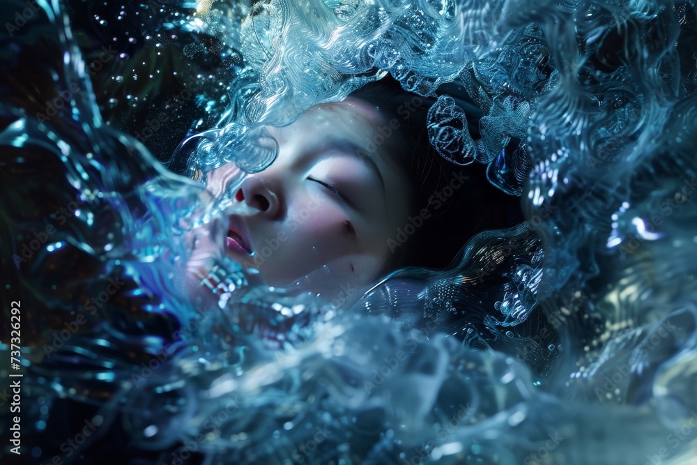 Craft an otherworldly scene where a woman emerges from a biotech cocoon ...