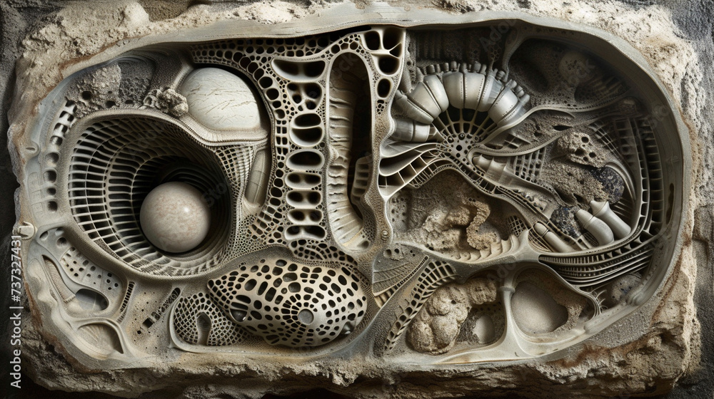 Cross section of an alien artifact showcasing intricate designs and ...
