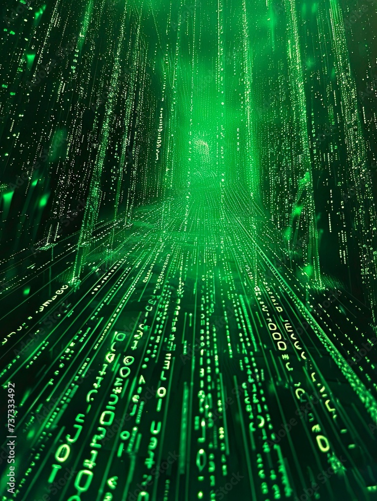 The image displays a vibrant green digital rain of Matrix-style binary ...