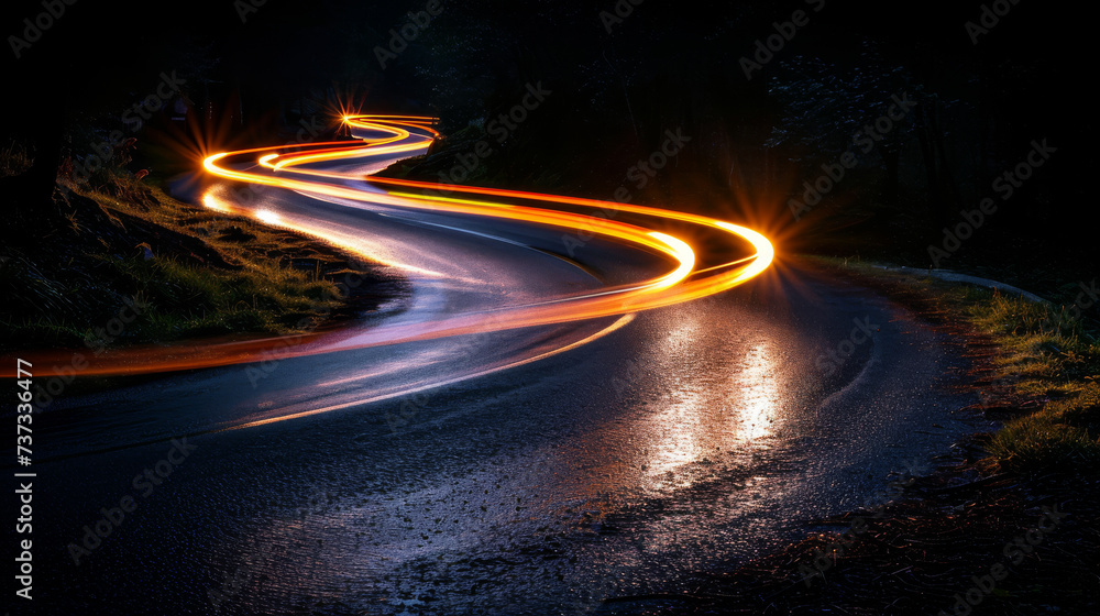 Car headlight marks trace the contours of a winding road, painting a ...