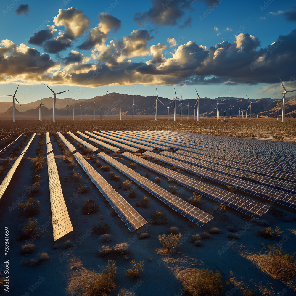 Solar and Wind Farm In Desert. Solar panels lined on the ground with ...