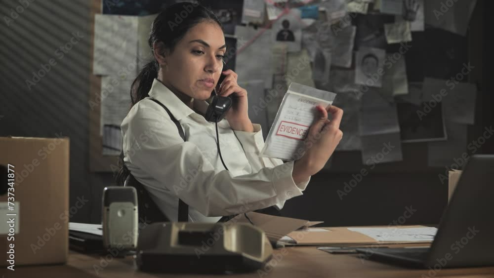 female police detective sits at the desk in office room calling at the ...